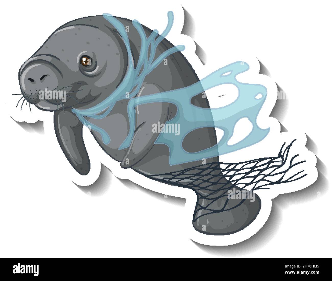 Manatee stuck in plastic net on white background illustration Stock ...
