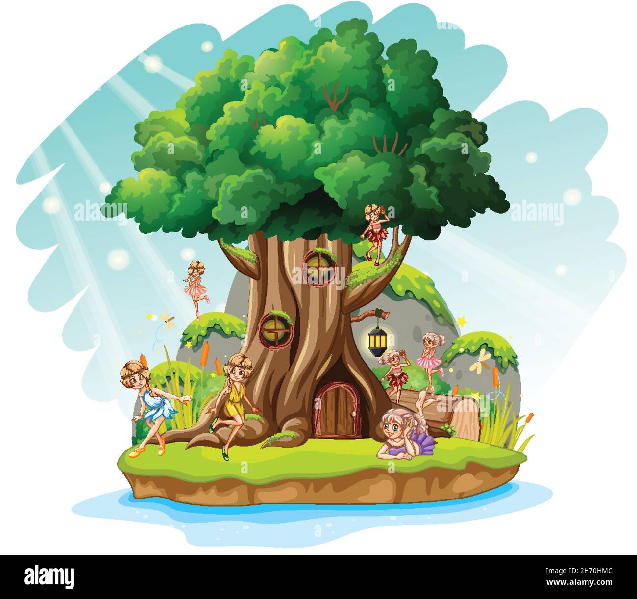 Fantasy tree house with fairies cartoon illustration Stock Vector Image ...