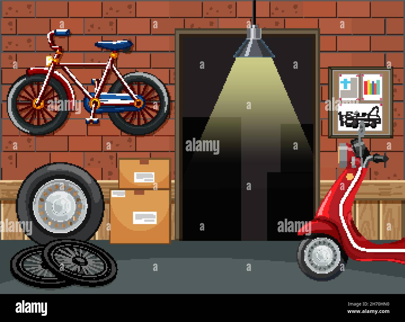 Garage interior with motorcycle and bicycle illustration Stock Vector ...