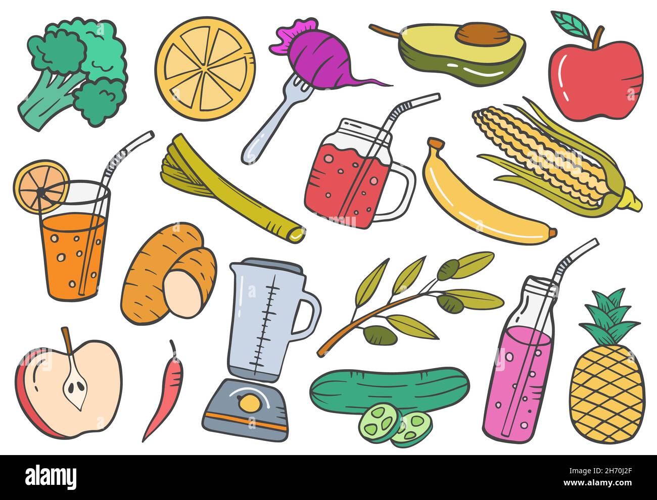 vegetarian veggie concept doodle hand drawn set collections with flat ...