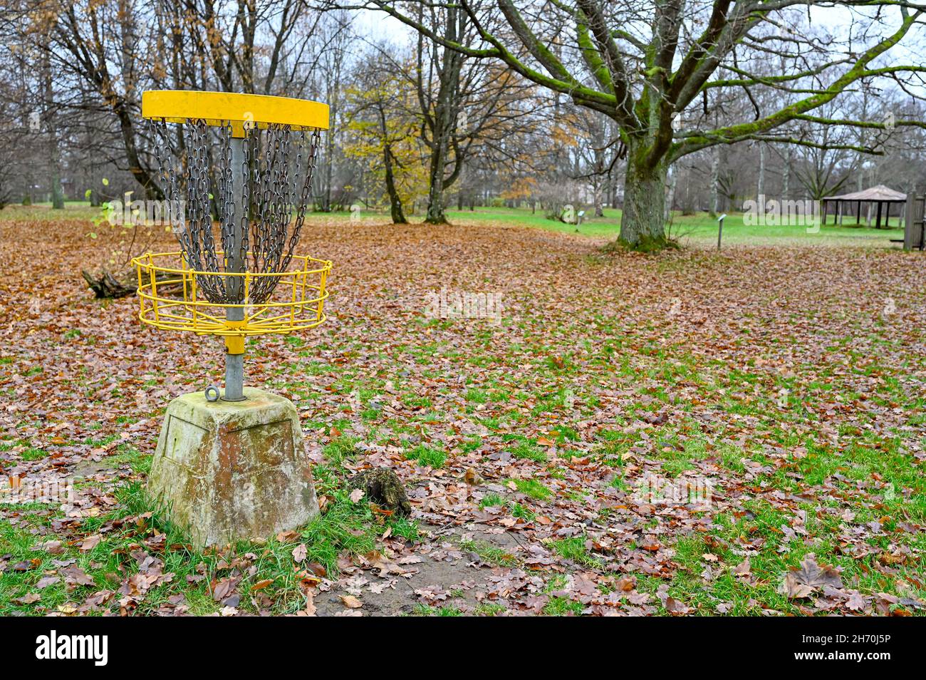 disc golf basket target in autumn park Stock Photo - Alamy