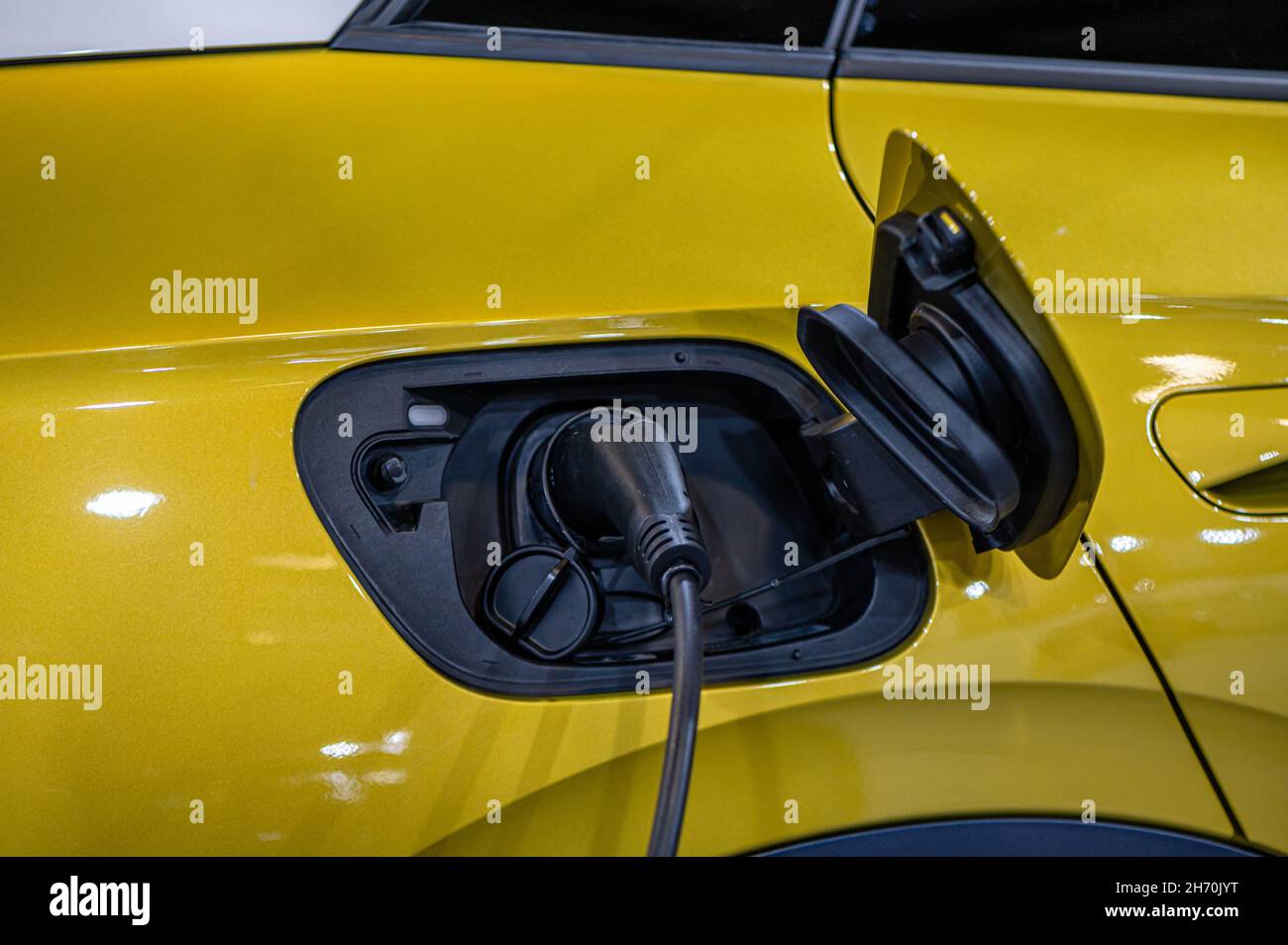 Riga, Latvia, Sep 24, 2021: vw id4 electric car connected to the ...