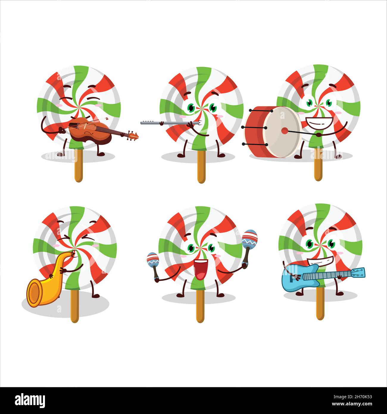Cartoon character of twirl candy playing some musical instruments Stock ...