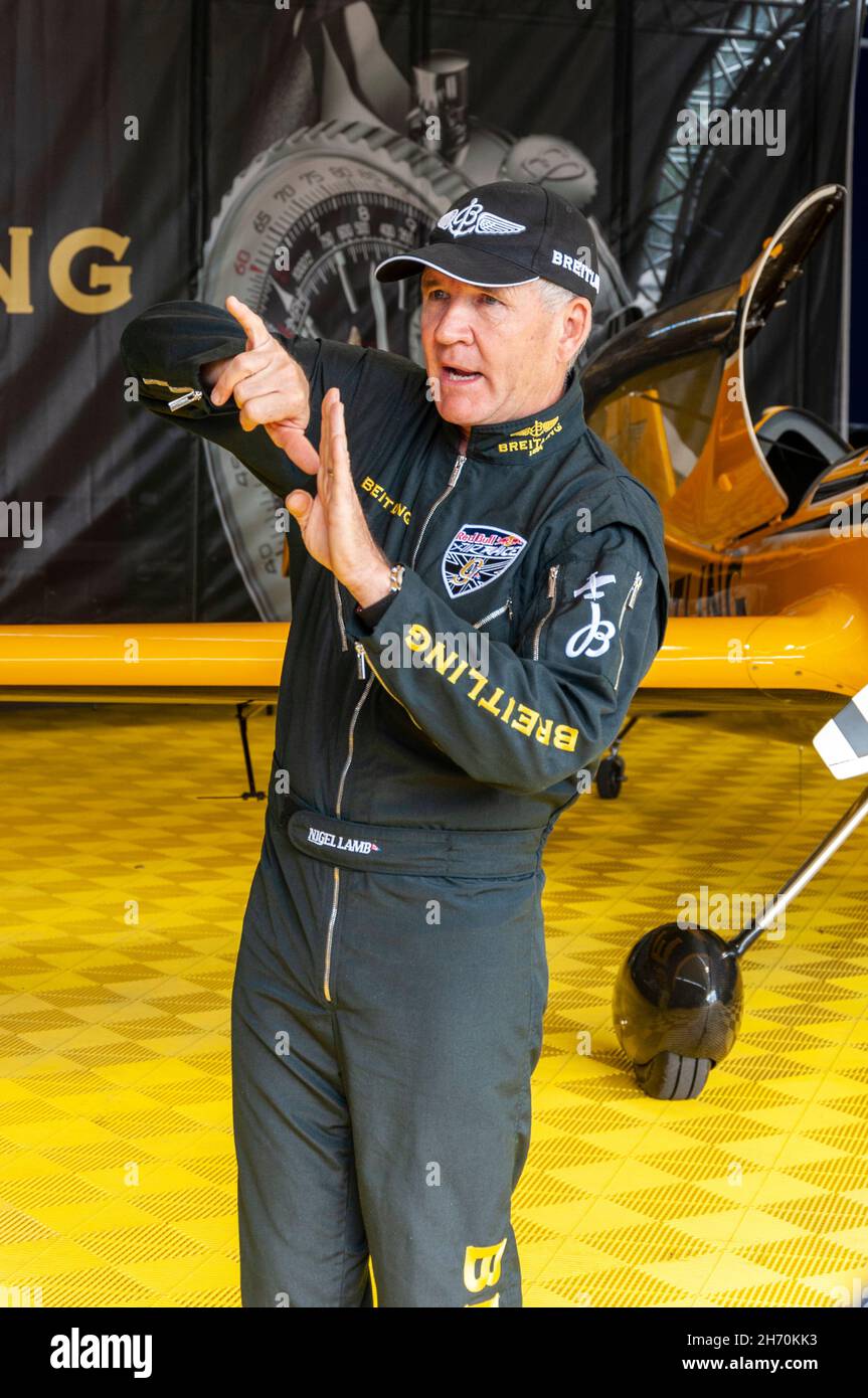 Pilot Nigel Lamb in the temporary hangar with Breitling sponsored plane ...