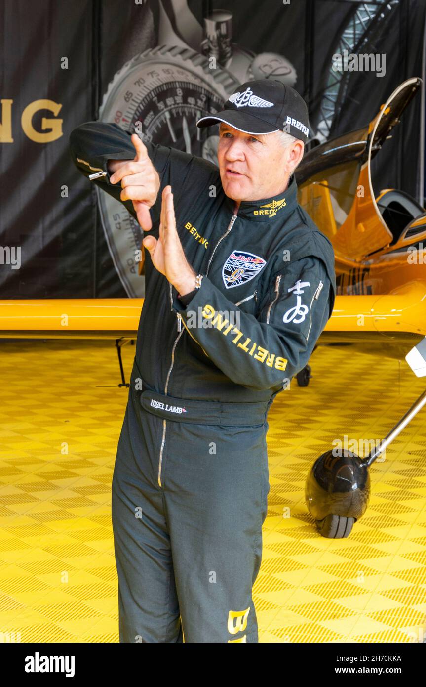 Pilot Nigel Lamb in the temporary hangar with Breitling sponsored plane ...