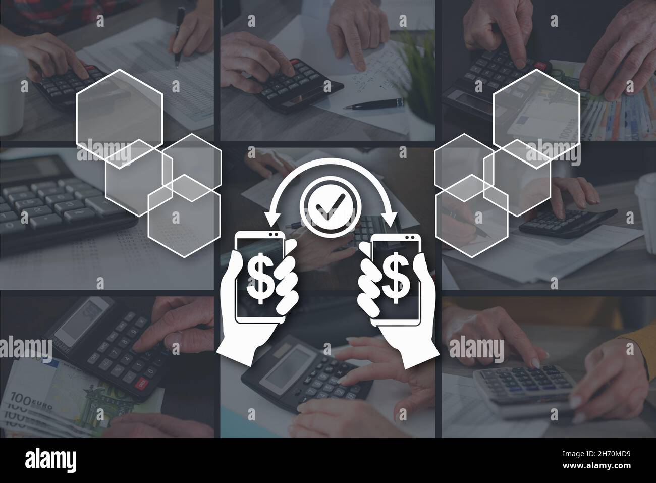 Money transfer concept illustrated by pictures on background Stock ...