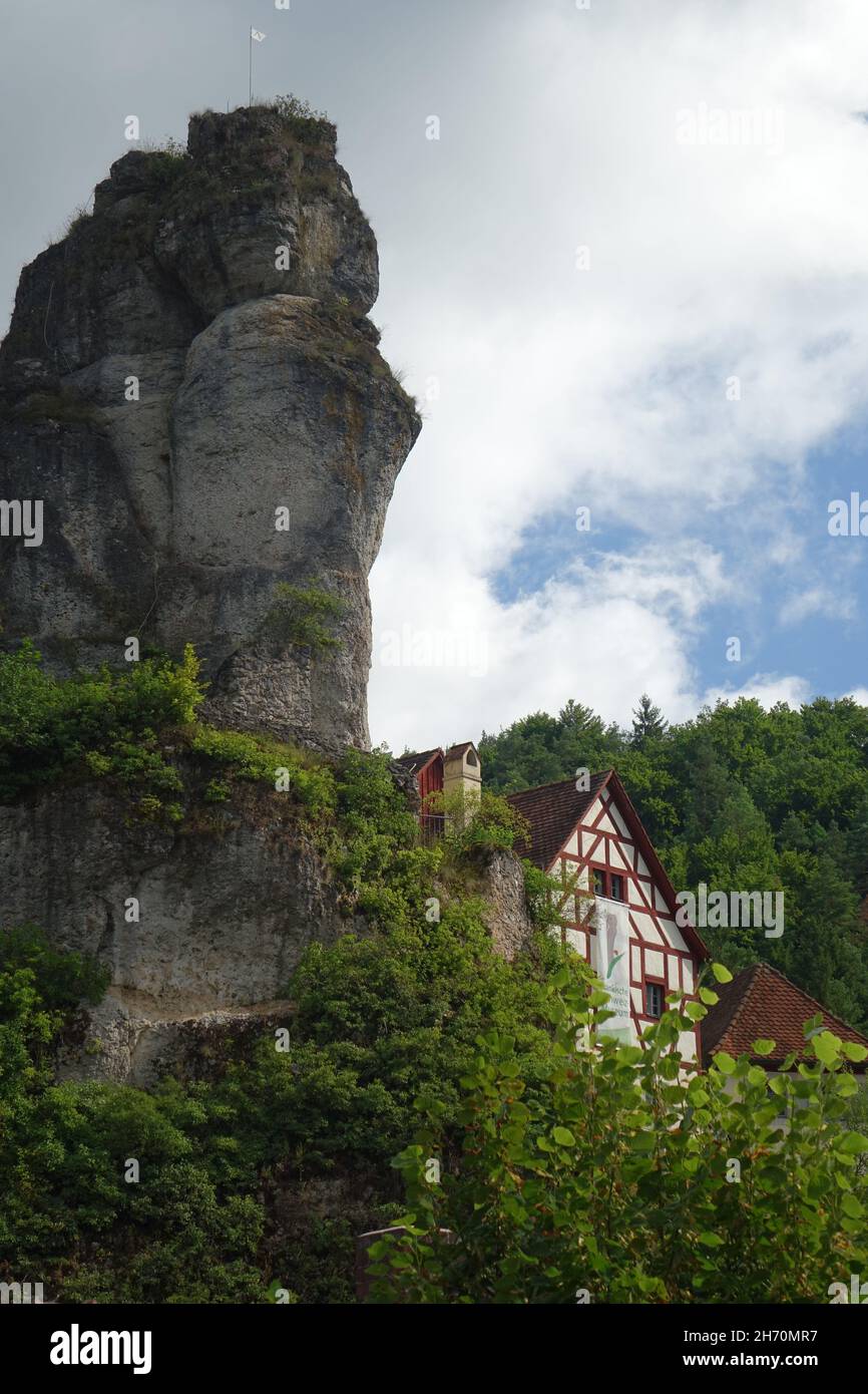 Famous rocks with lookout point Fahnenstein over traditional German ...