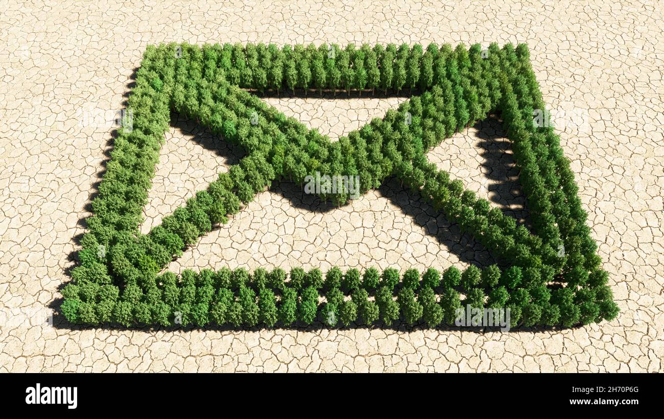 Concept or conceptual group of green forest tree on dry ground ...