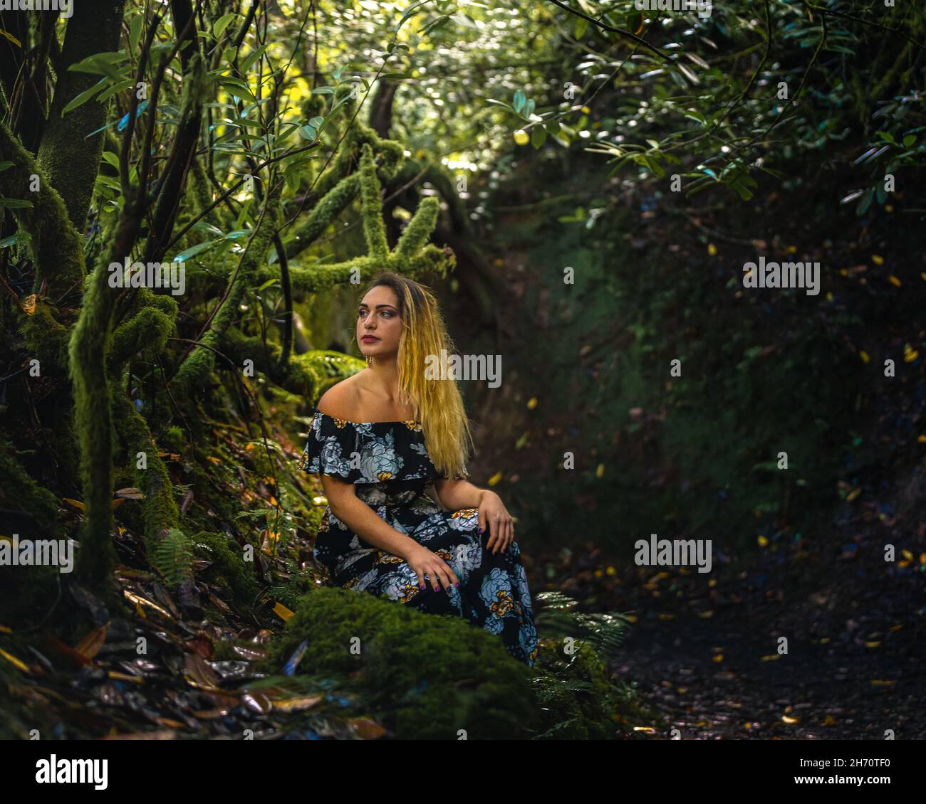 Attractive Blonde Woman In A Fantasy Forest Full Of Moss And Green