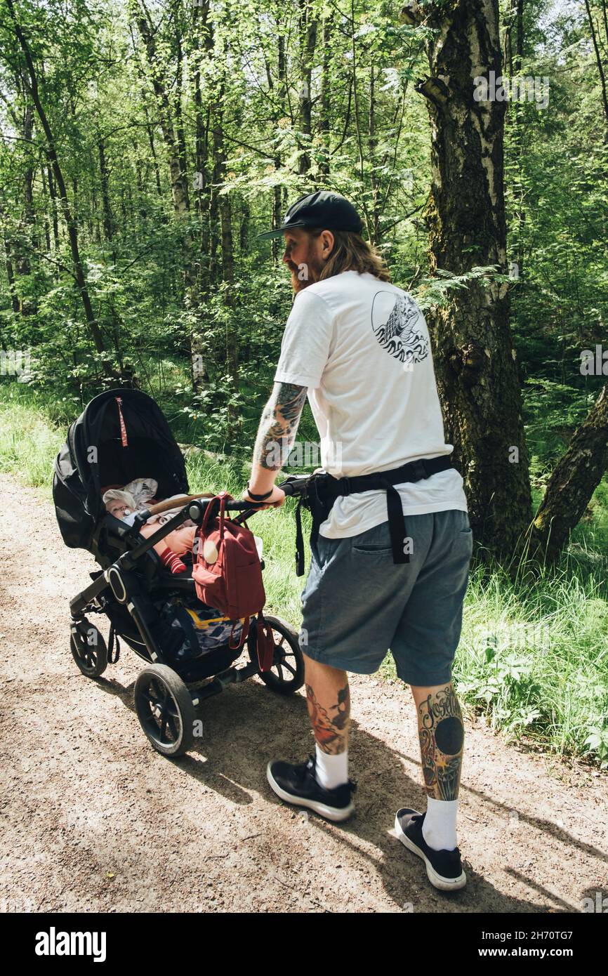 Man walking in forest with baby stroller Stock Photo - Alamy