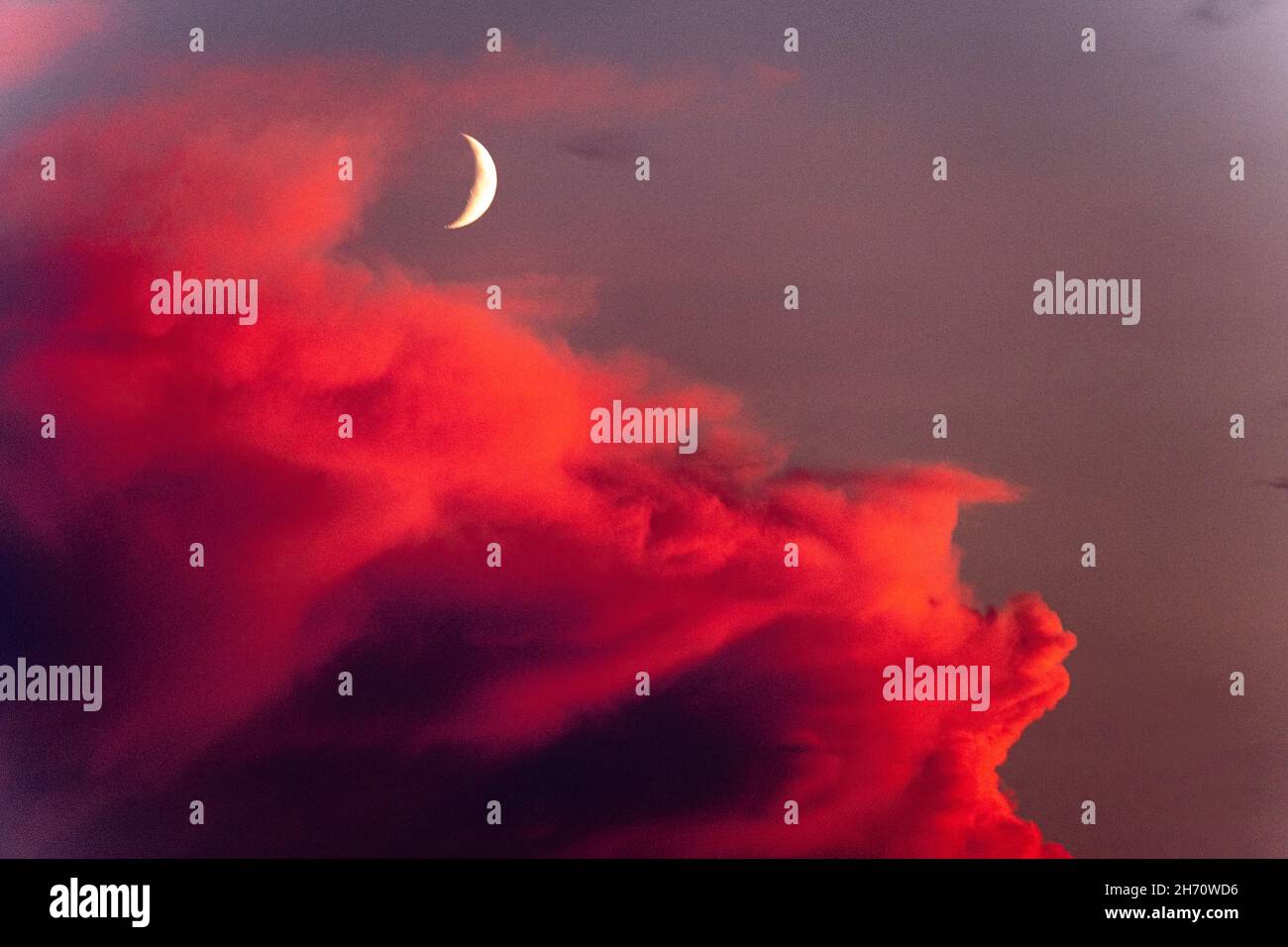 Crescent moon and red clouds Stock Photo - Alamy