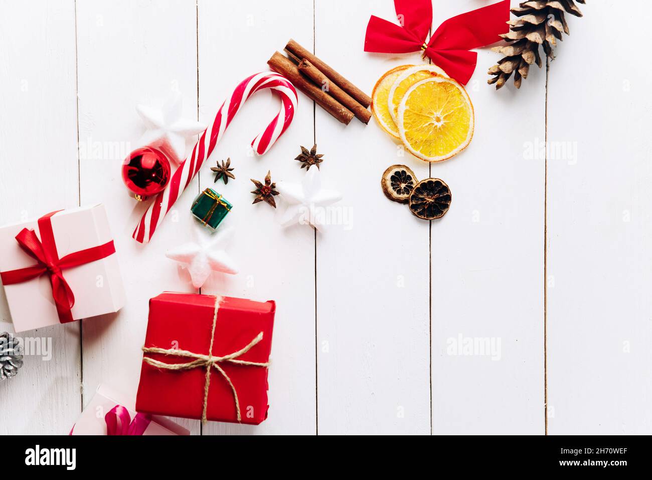 Beautiful Christmas composition on wooden white background with ...