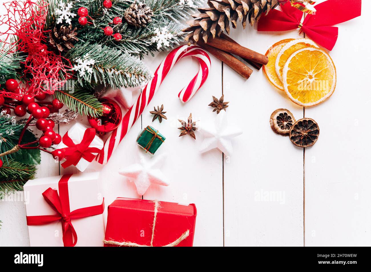 Beautiful Christmas composition on wooden white background with ...