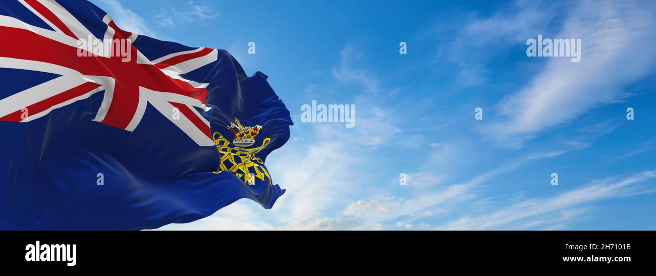 flag of HM Customs Ensign at cloudy sky background on sunset. panoramic ...