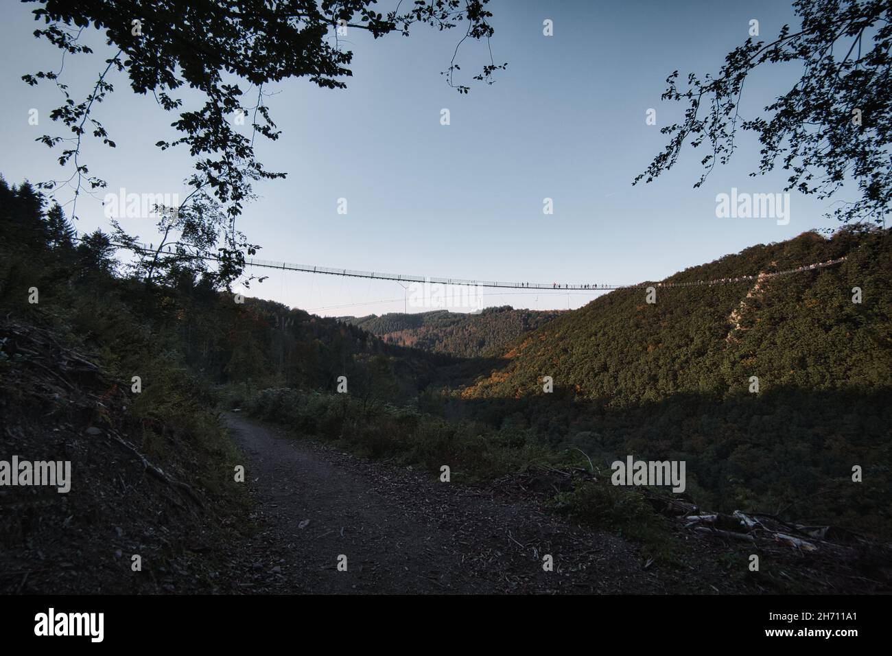 View of the landscape from the Geierlay suspension bridge. Beautiful ...