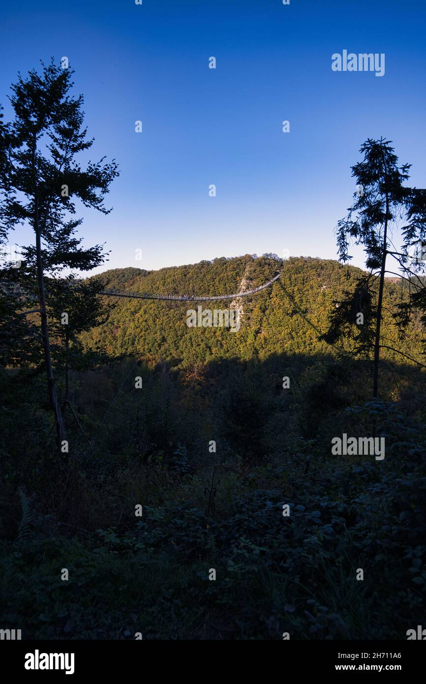 View of the landscape from the Geierlay suspension bridge. Beautiful ...