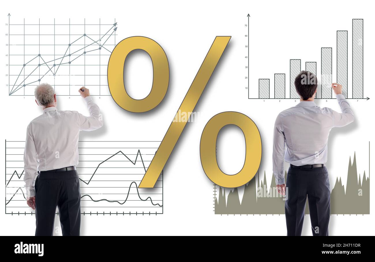 Interest rates concept drawn on a white wall by businessmen Stock Photo ...