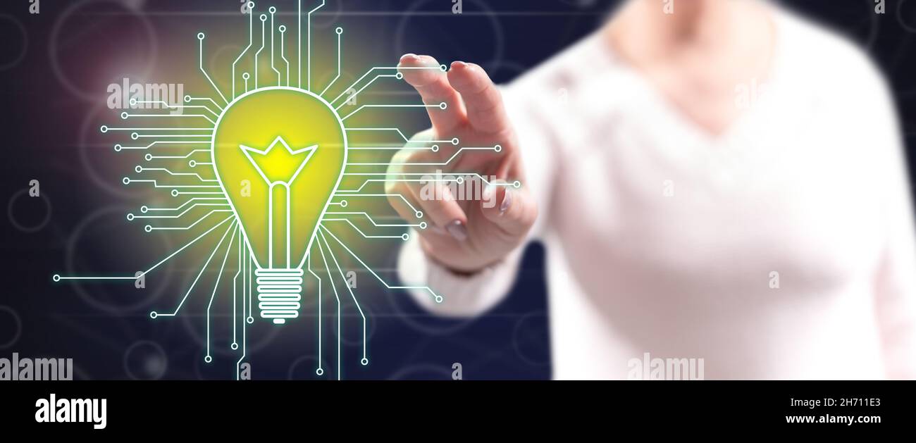 Woman touching a technology innovation concept on a touch screen with ...