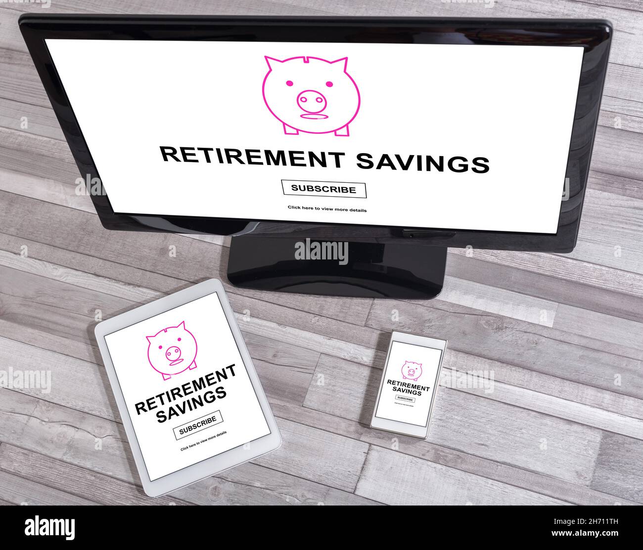 Retirement savings concept shown on different information technology ...