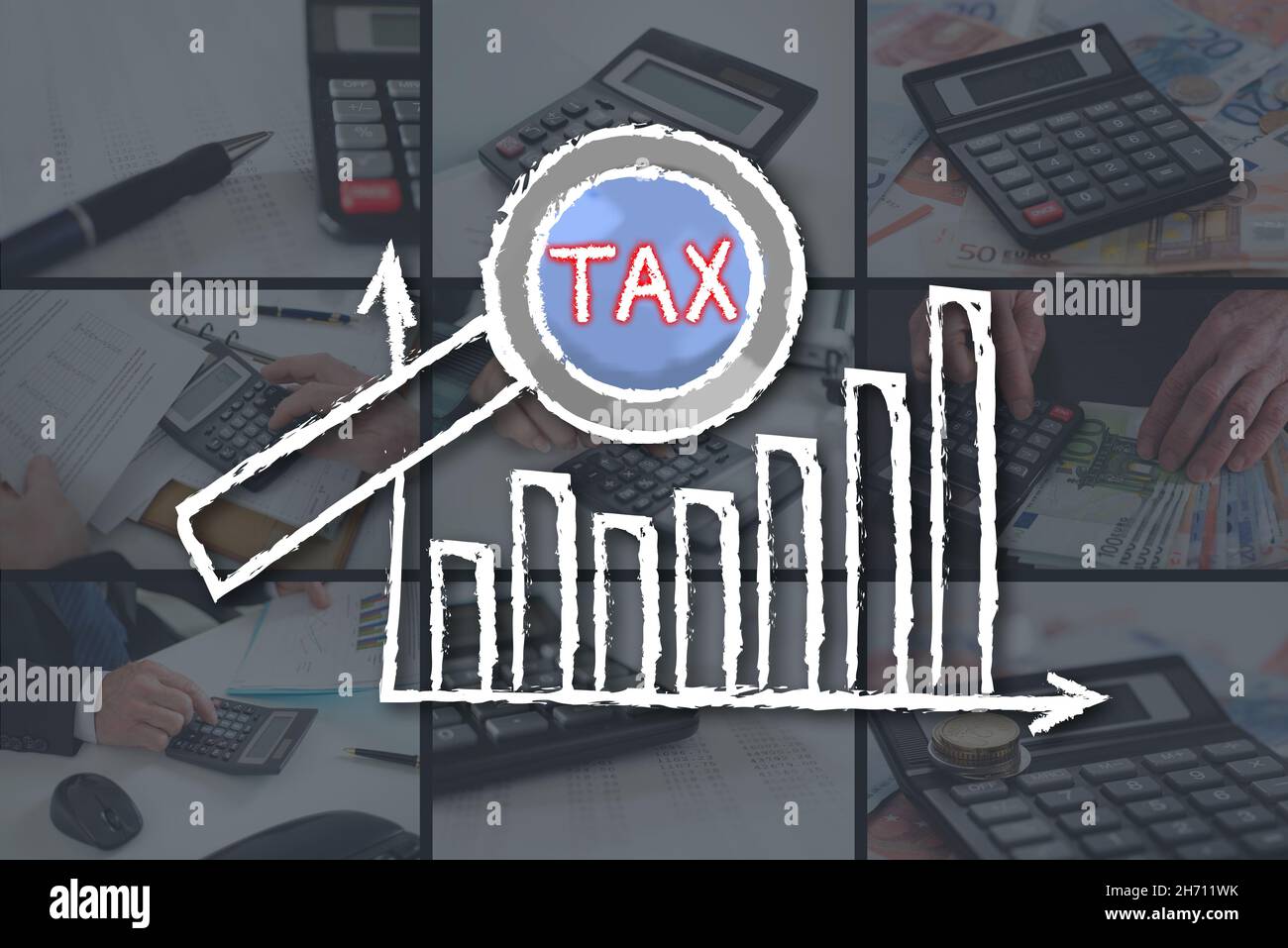 Tax analysis concept illustrated by pictures on background Stock Photo ...