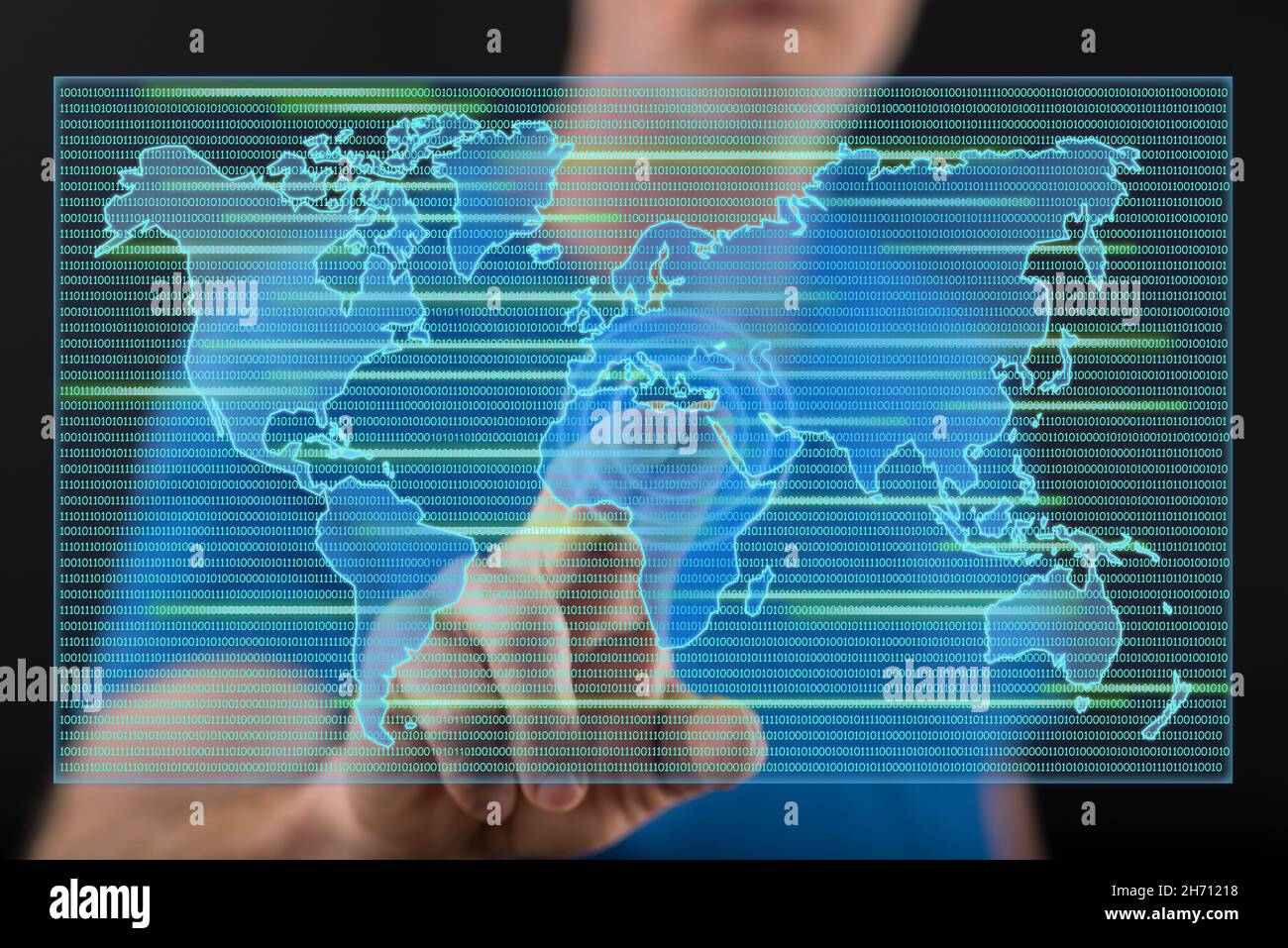 Man touching a data transfer concept on a touch screen with his finger ...