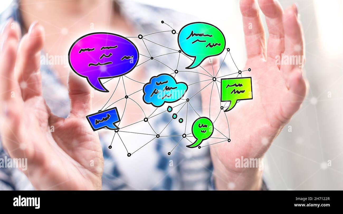 Communication network concept between hands of a woman in background ...