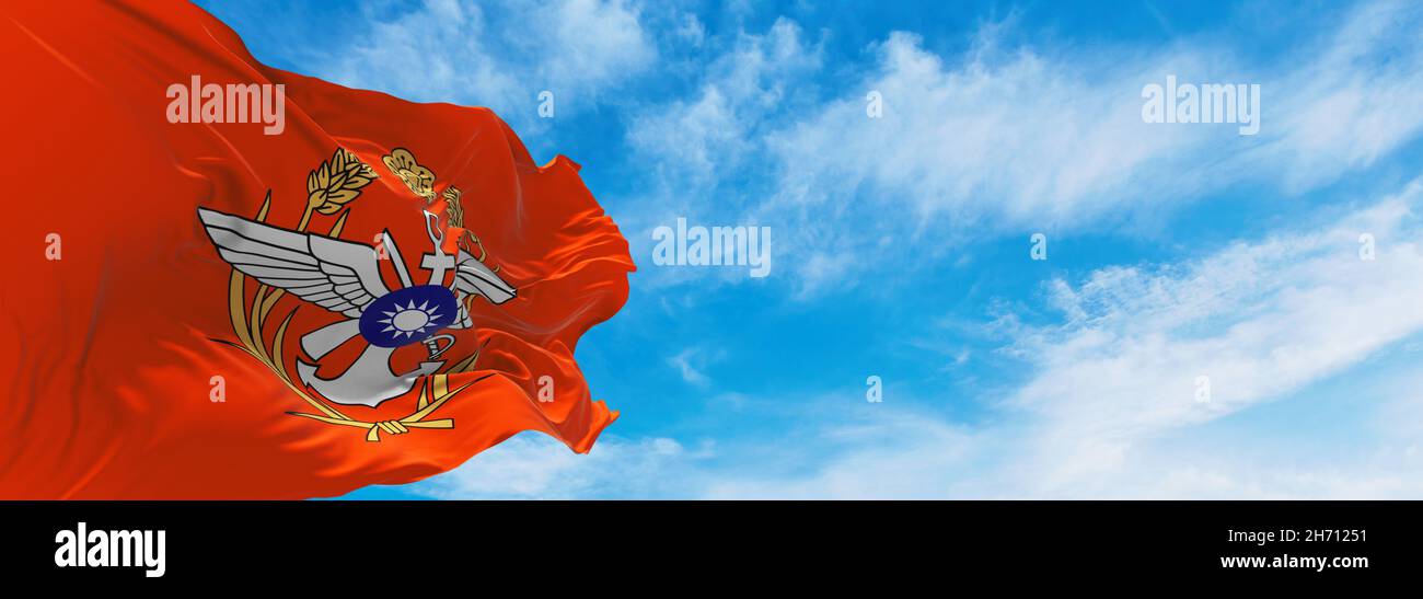 flag of ROC Ministry of National Defense at cloudy sky background on ...