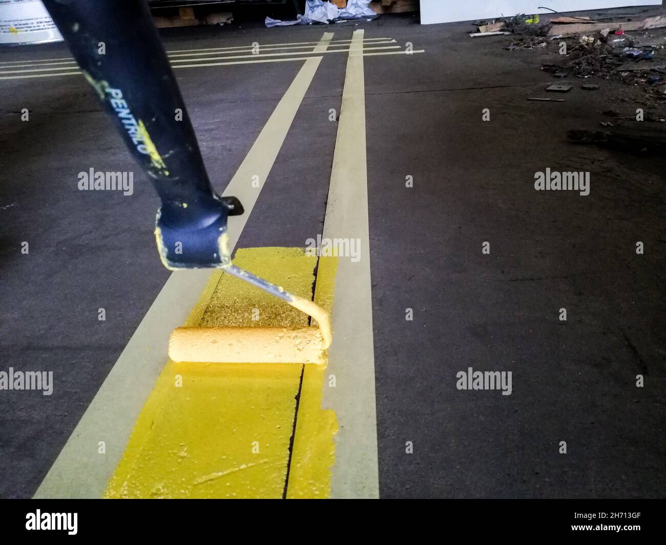 SORIA, SPAIN - Mar 26, 2021: A view of the process of painting safety ...