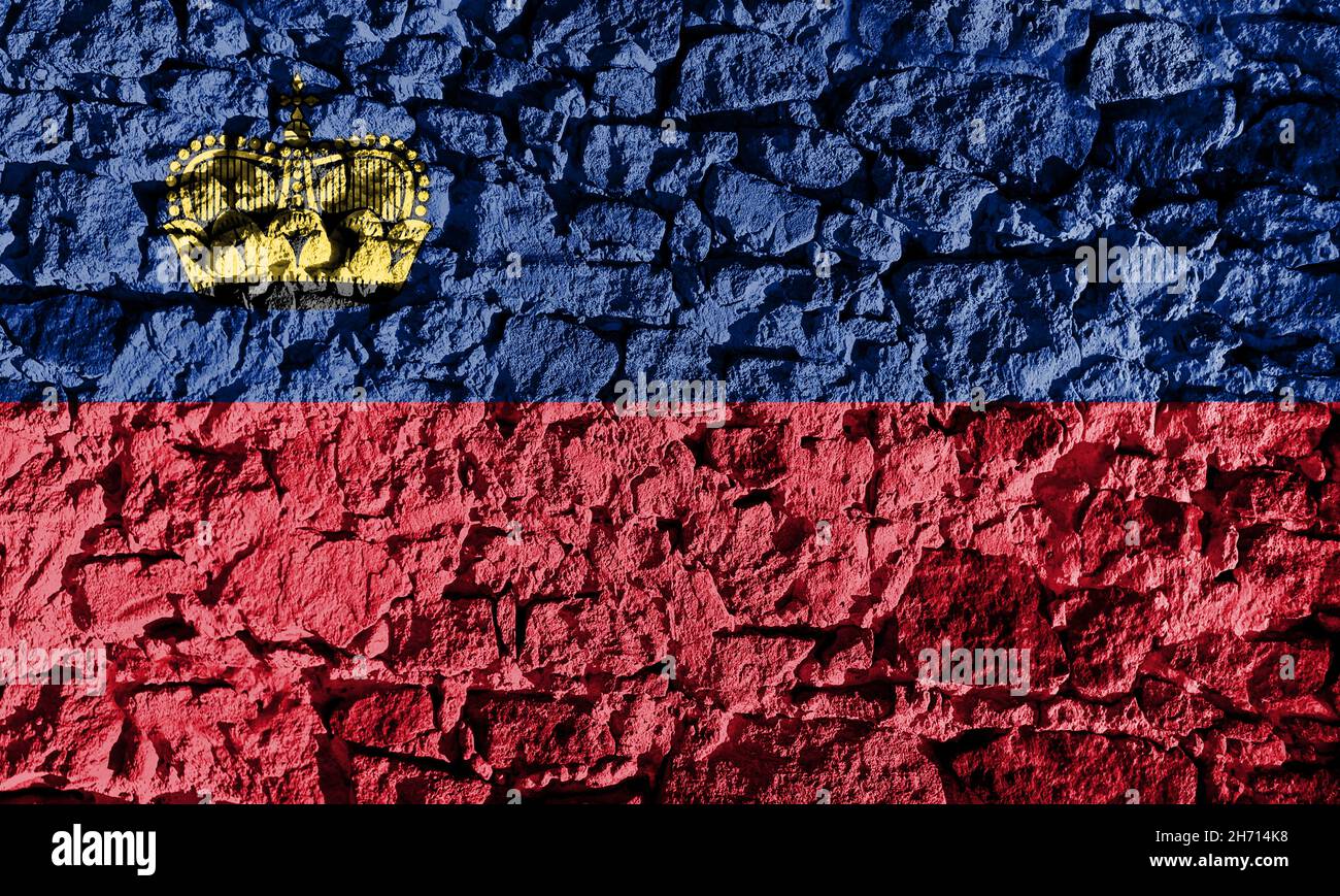 Liechtenstein flag depicted on a stone wall. The texture of the stone ...