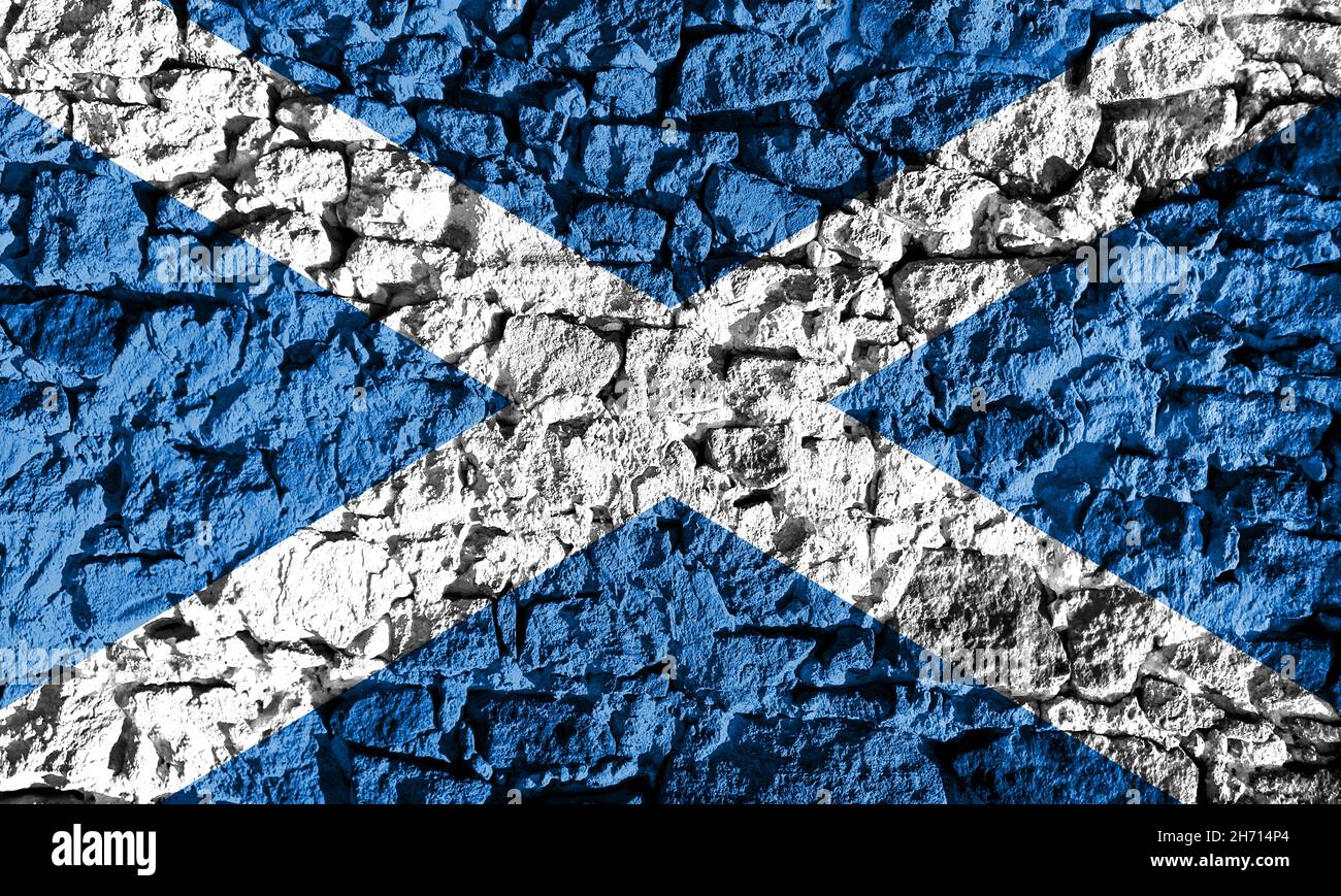 Scotland flag depicted on a stone wall. The texture of the stone blends ...