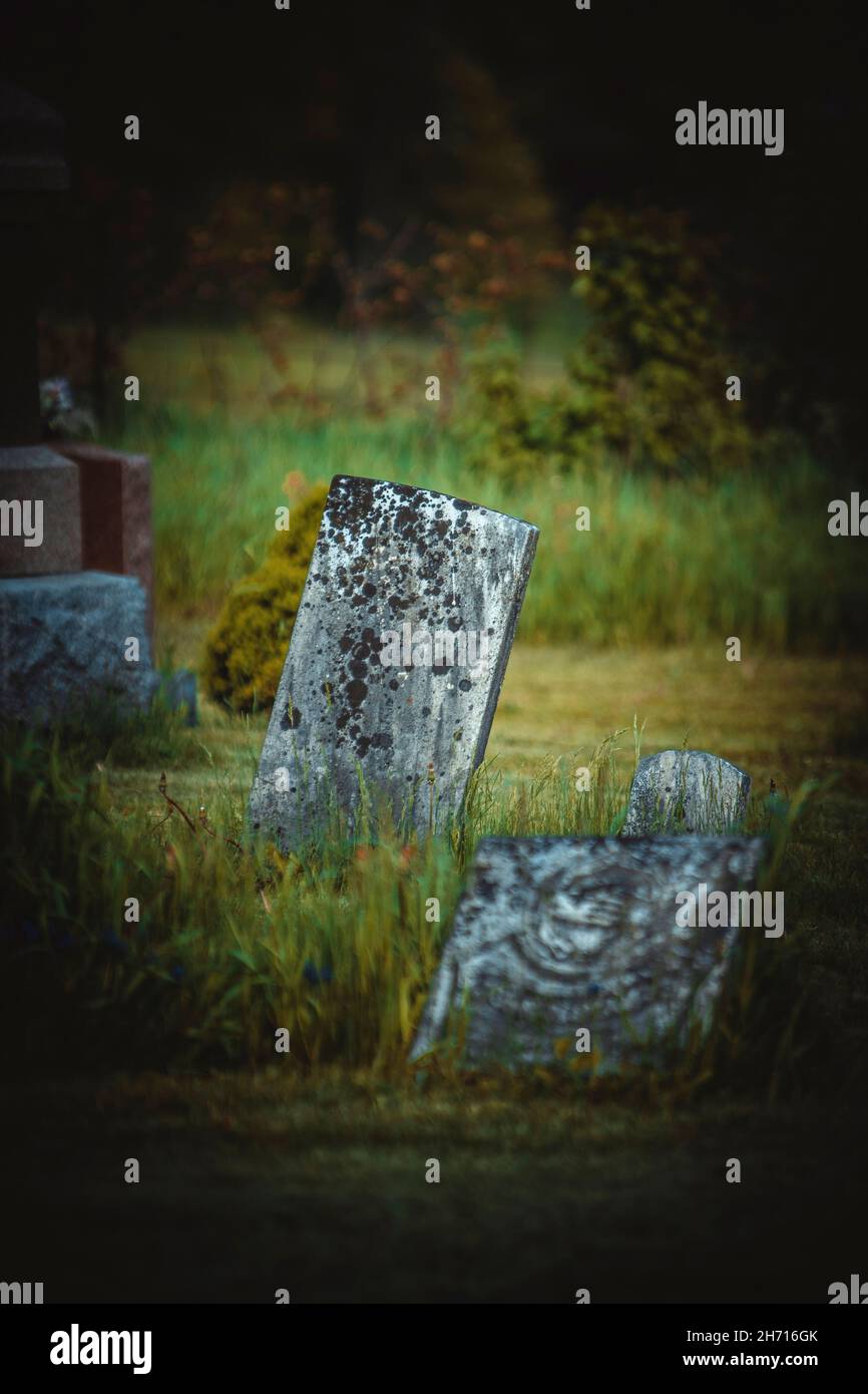 Tombstones at an old abandoned cemetery in rural Ontario Stock Photo ...