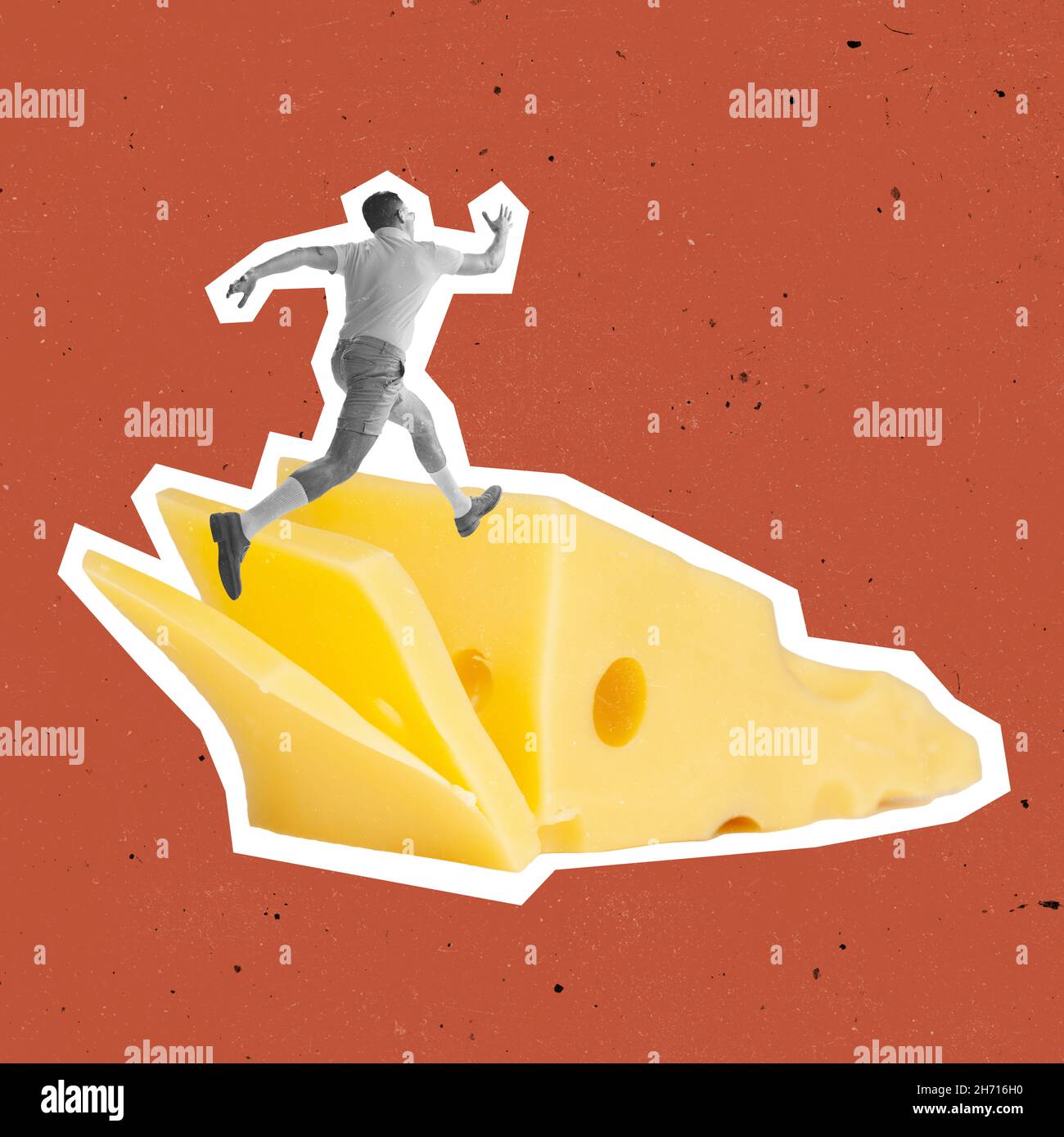 Contemporary art collage of active man running on cheese slices ...