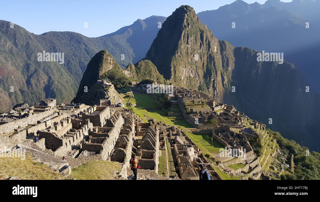 Scenic view of ancient ruins Inca city of Machu Picchu in the Andes in ...