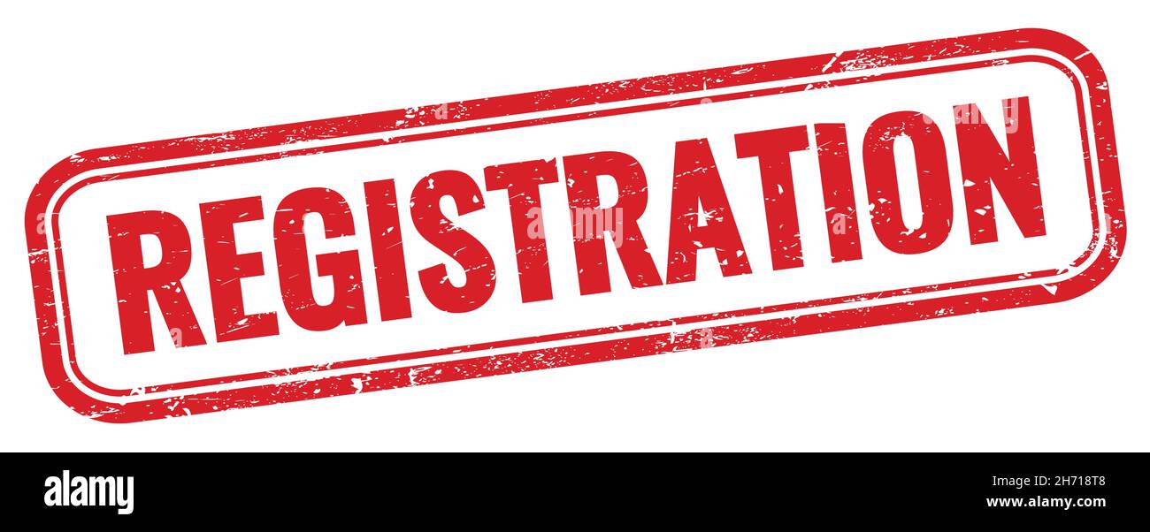 REGISTRATION text on red grungy rectangle stamp Stock Photo - Alamy