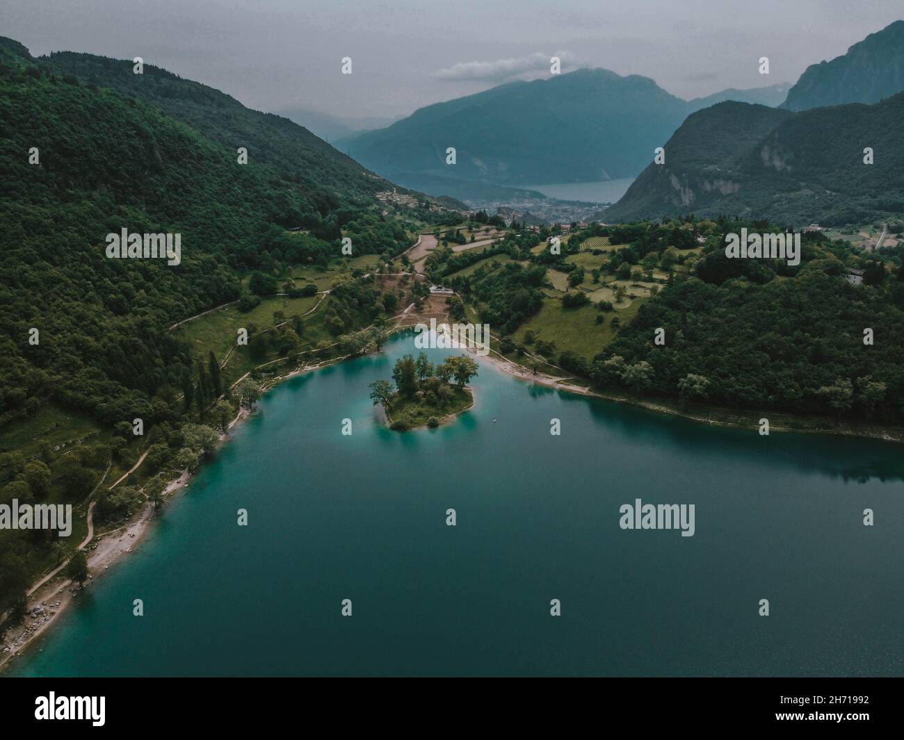 Lake Tenno photographed from above with the drone. On Lake Garda Italy ...