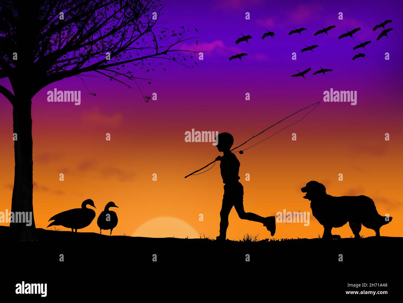 A boy with his fishing pole and his dog are seen returning home at ...