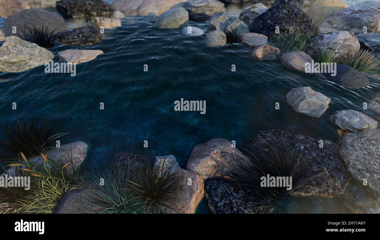 A wide lazy creek, small round river rocks grassy banks leafy trees ...