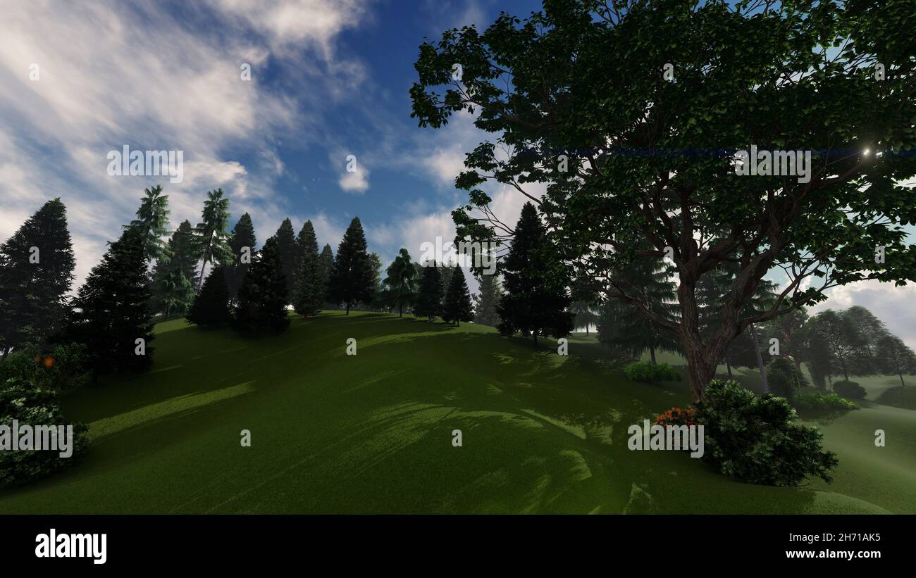 Greenfield, tree and blue sky. Great as a background, web banner - 3D ...