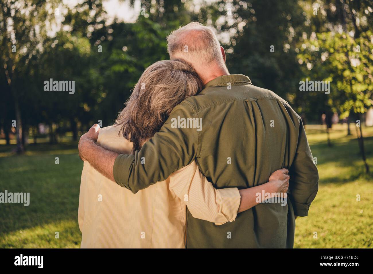 Back rear side spine view photo of old people man woman harmony travel ...