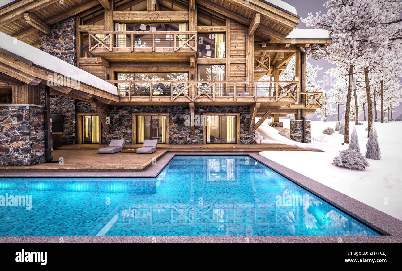 3d rendering of modern cozy chalet with pool and parking for sale or ...