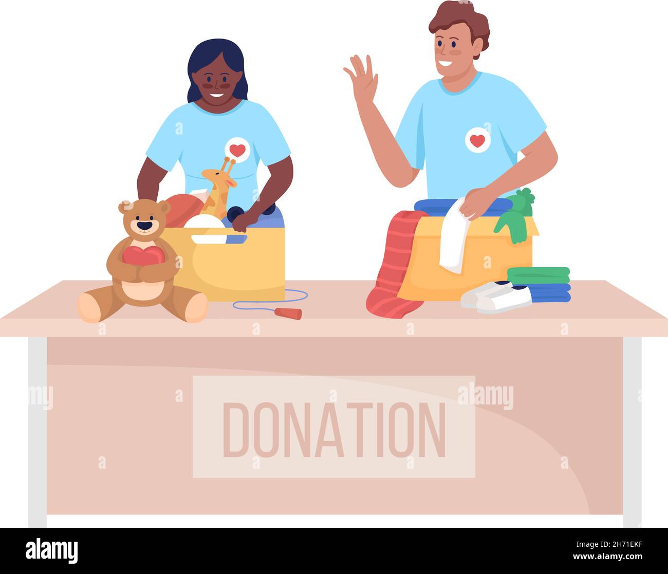 Volunteers with charity boxes semi flat color vector character Stock ...