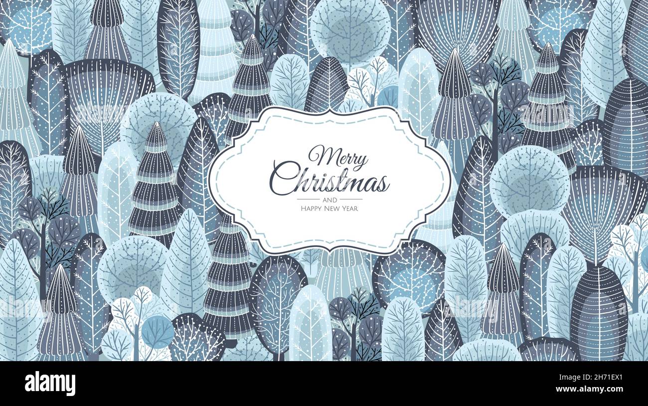 Abstract background with winter forest. Trees, bushes, snow. Trendy ...