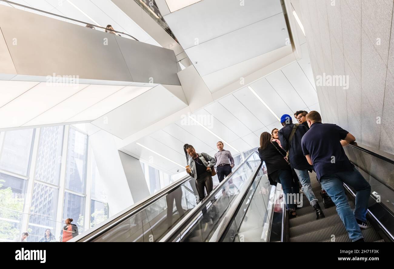 NEW YORK, USA - Sep 22, 2017: People on the escalator of Oculus ...