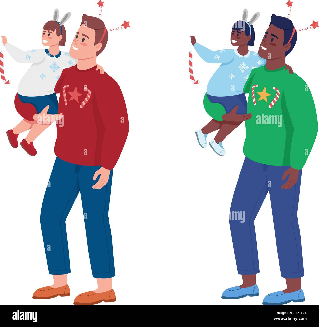 Father helps son to decorate semi flat color vector characters set ...