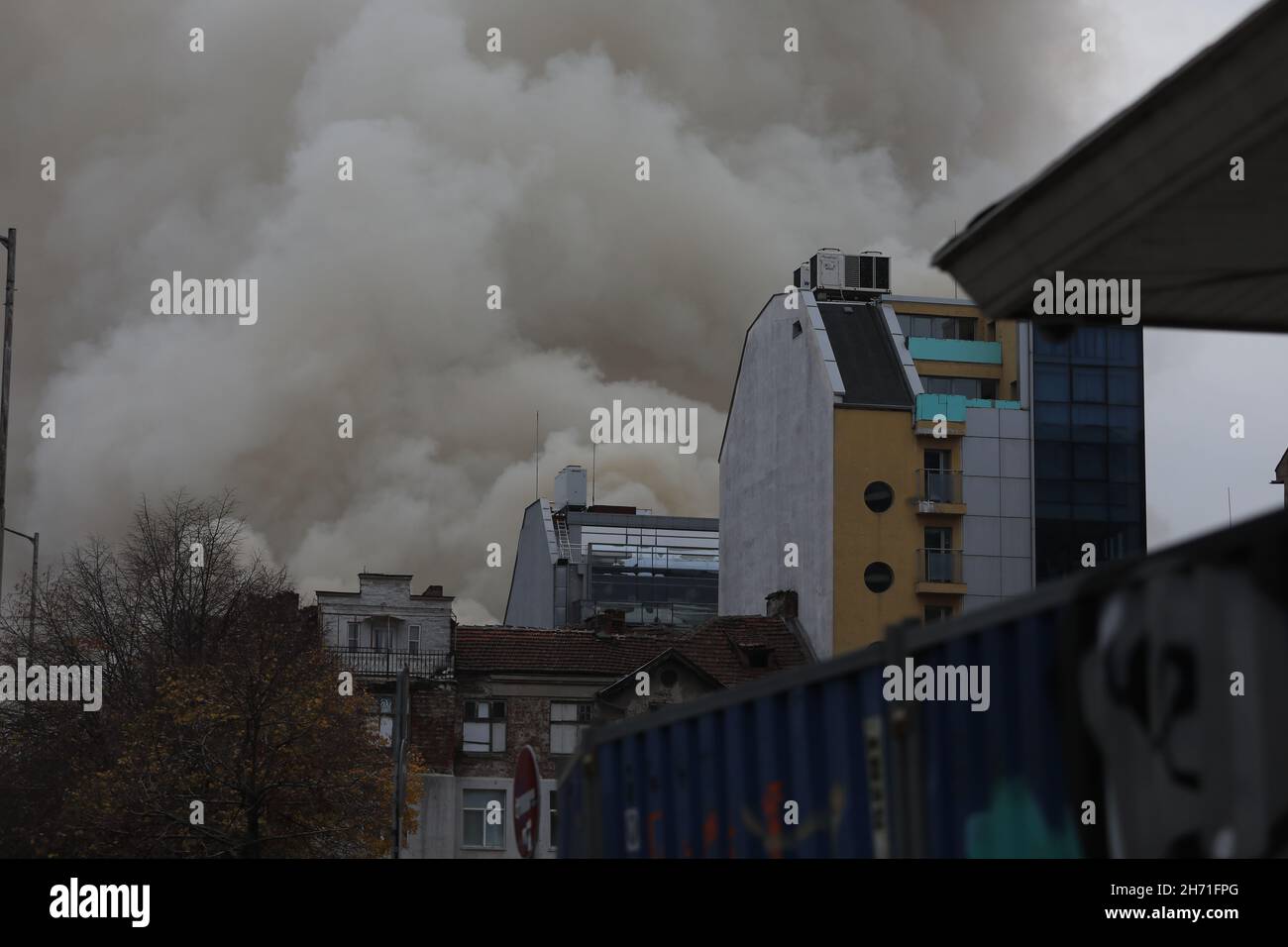 Sofia, Bulgaria - November 9, 2021: Firefighters put out a fire in a ...