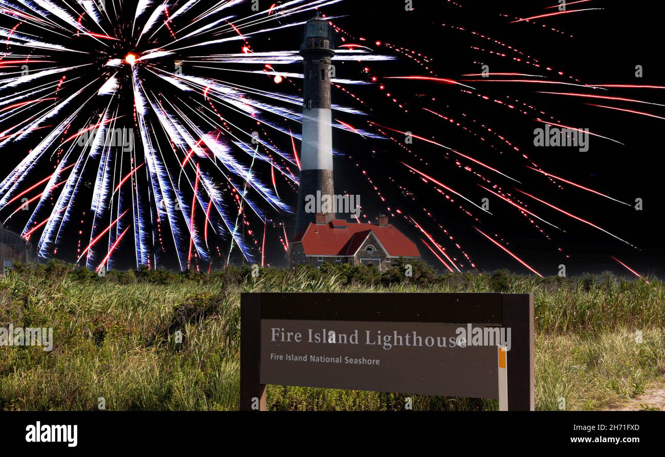 Fire Island Lighthouse with red white and blue fireworks explosion in ...