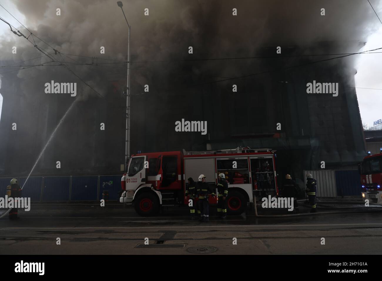 Sofia, Bulgaria - November 9, 2021: Firefighters put out a fire in a ...