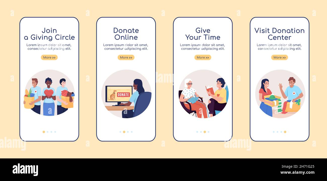 Ways to make donations onboarding mobile app screen flat vector ...