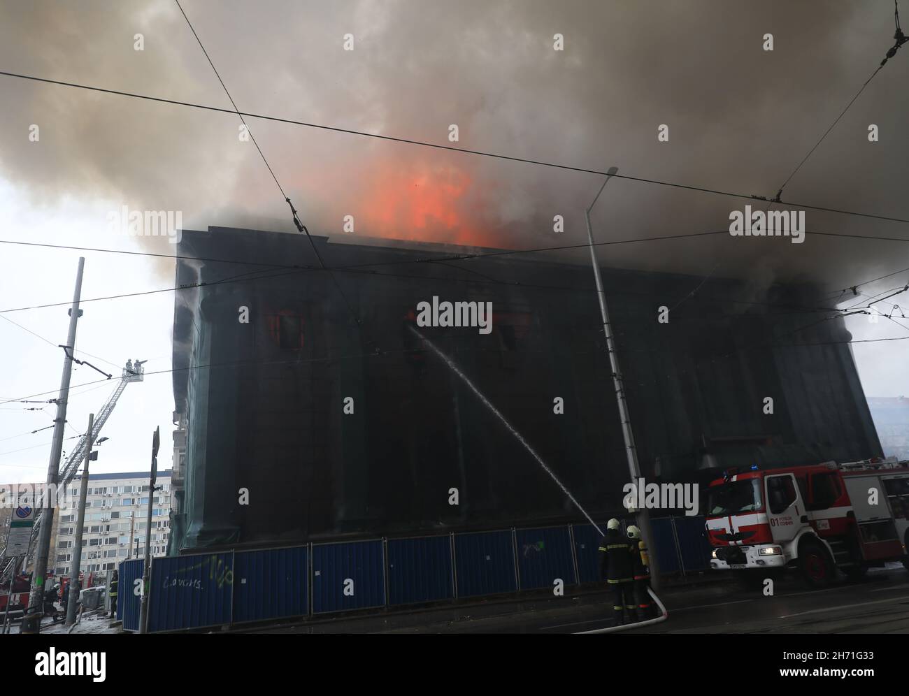 Sofia, Bulgaria - November 9, 2021: Firefighters put out a fire in a ...