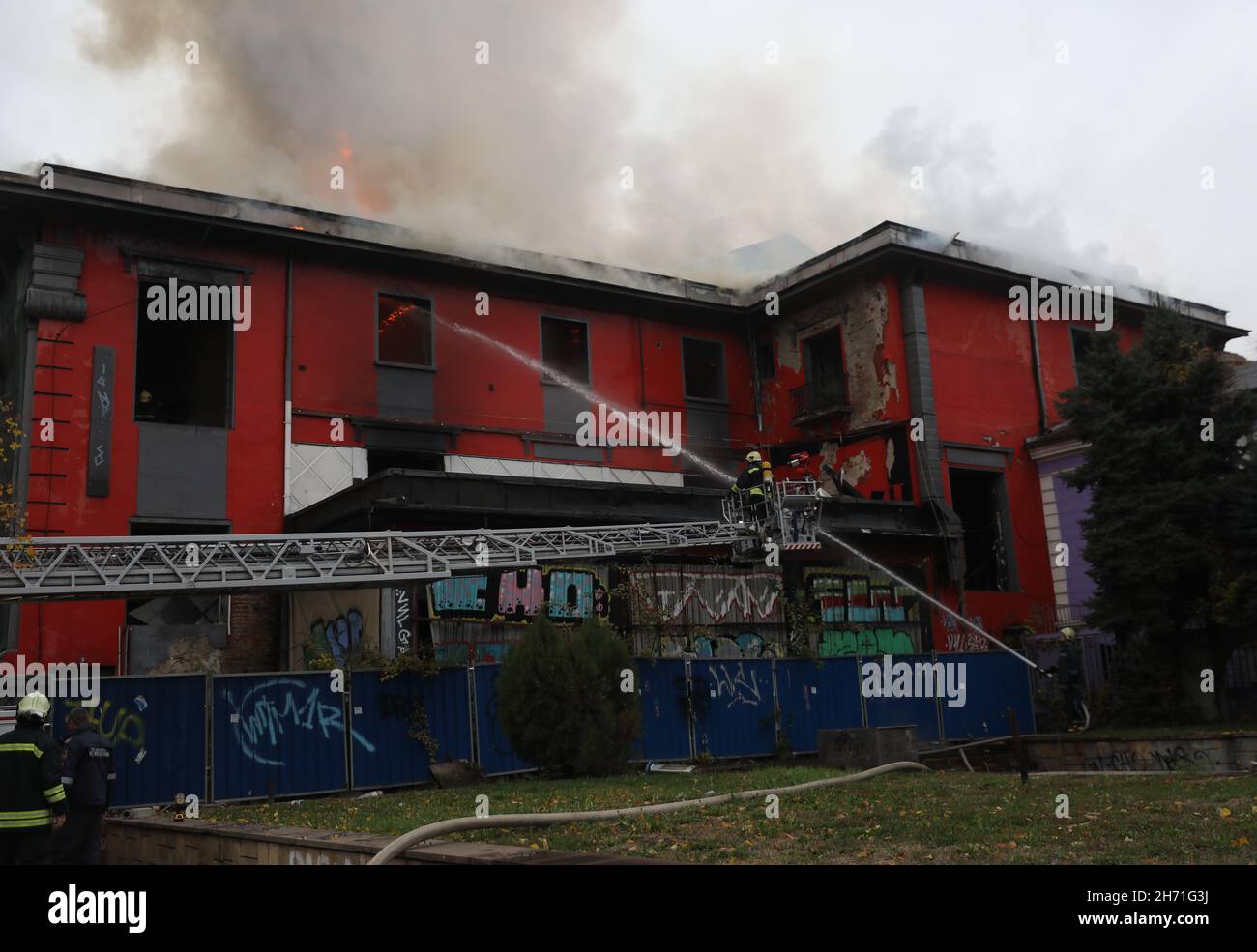Sofia, Bulgaria - November 9, 2021: Firefighters put out a fire in a ...